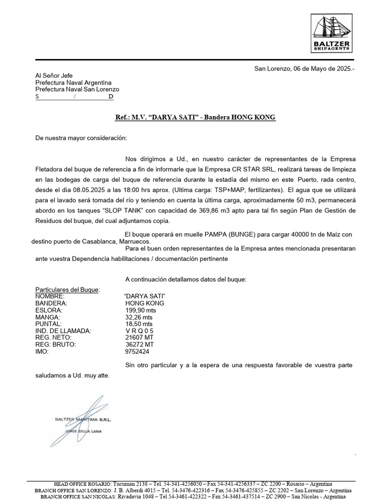 Nota Sipa-Agua de Lavado-Mv Darya Sati | PDF