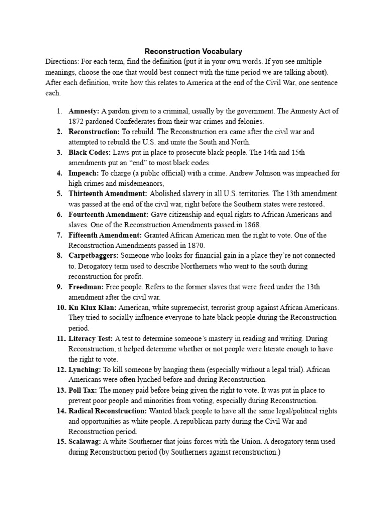 Reconstruction Vocabulary | PDF | Reconstruction Era | Freedman