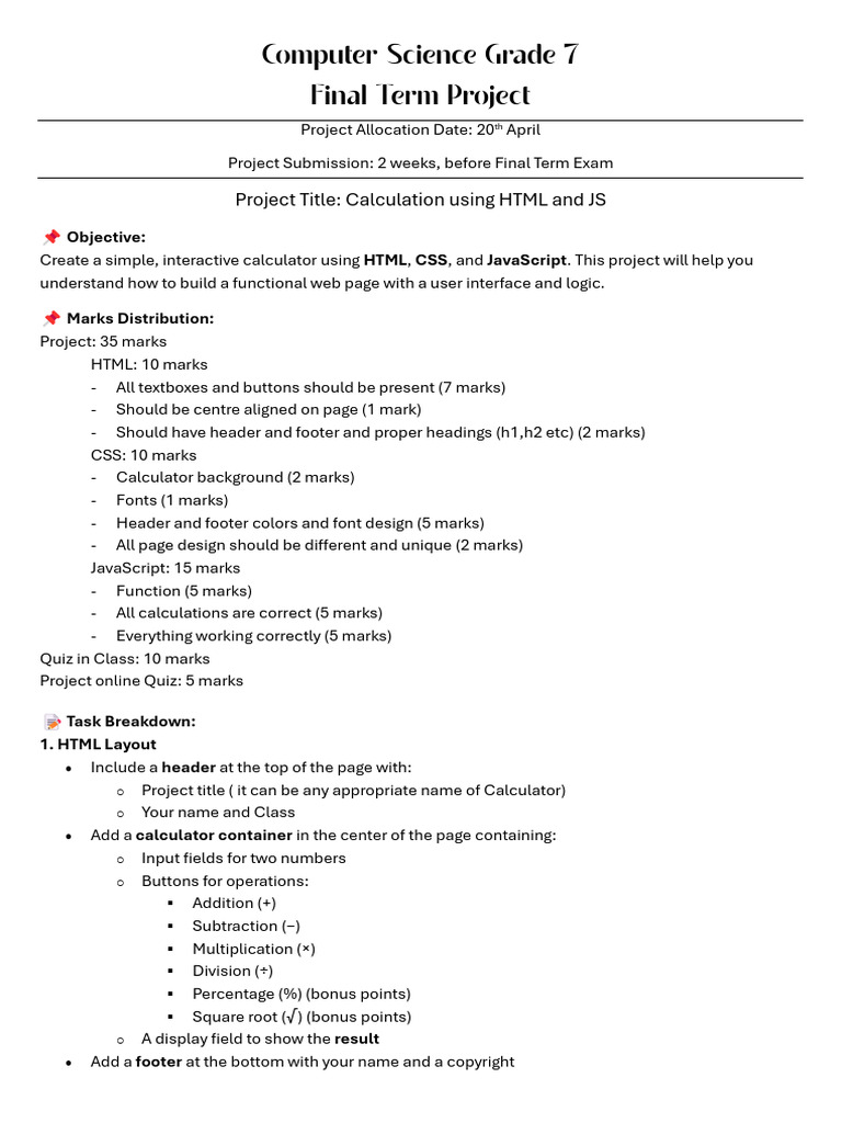 Grade 7 Final Project Calculator | PDF | Java Script | Html