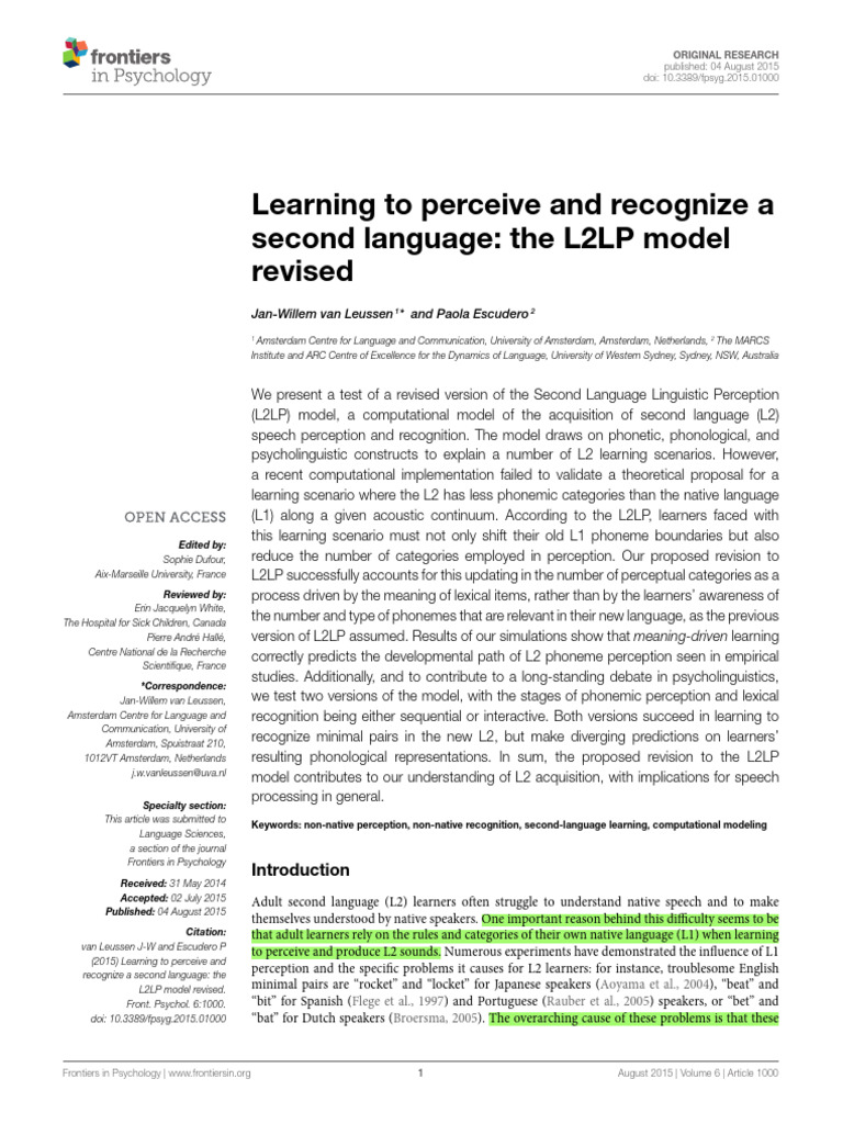 Learning To Perceive and Recognize A Second Language The L2LP Model ...