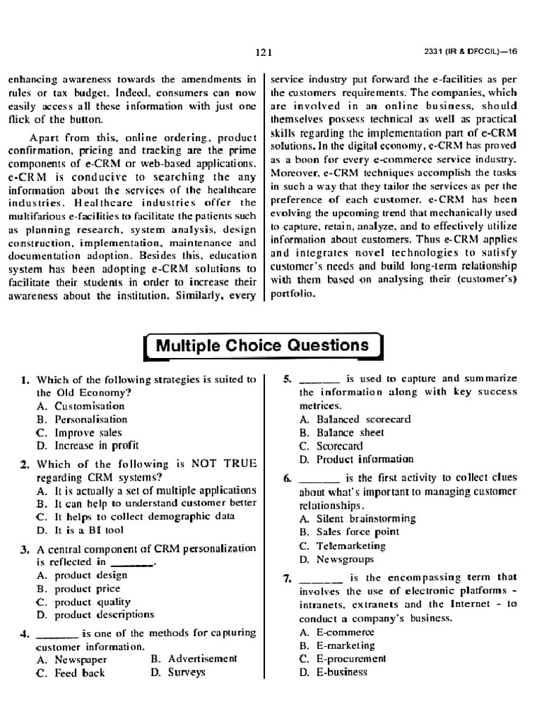 Dfccil (CRM MCQ) | PDF