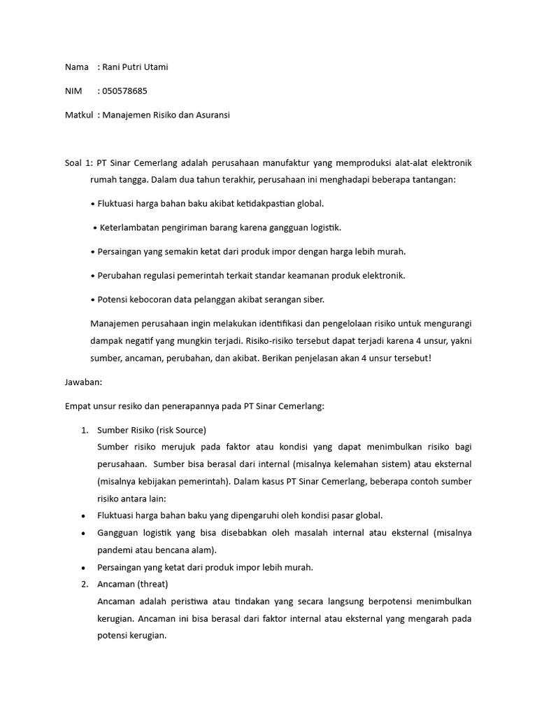 Rani Putri Utami 050578685 Manajemen Risiko Dan Asuransi | PDF