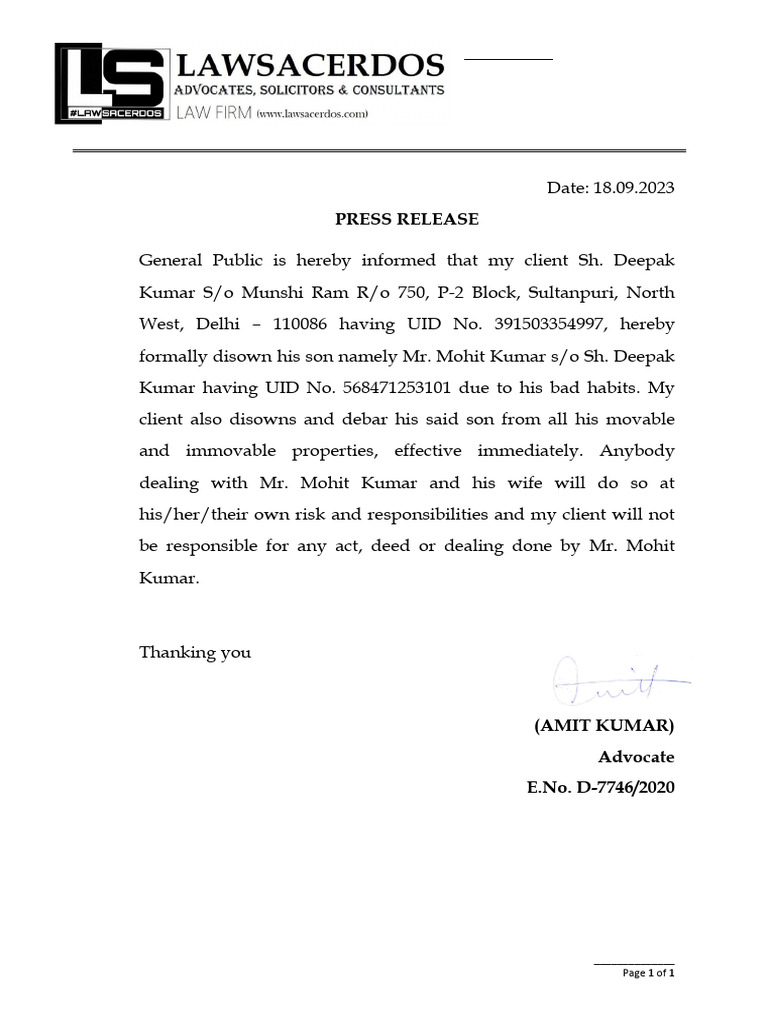 Disownment Letter for publication - Mr. Deepak | PDF