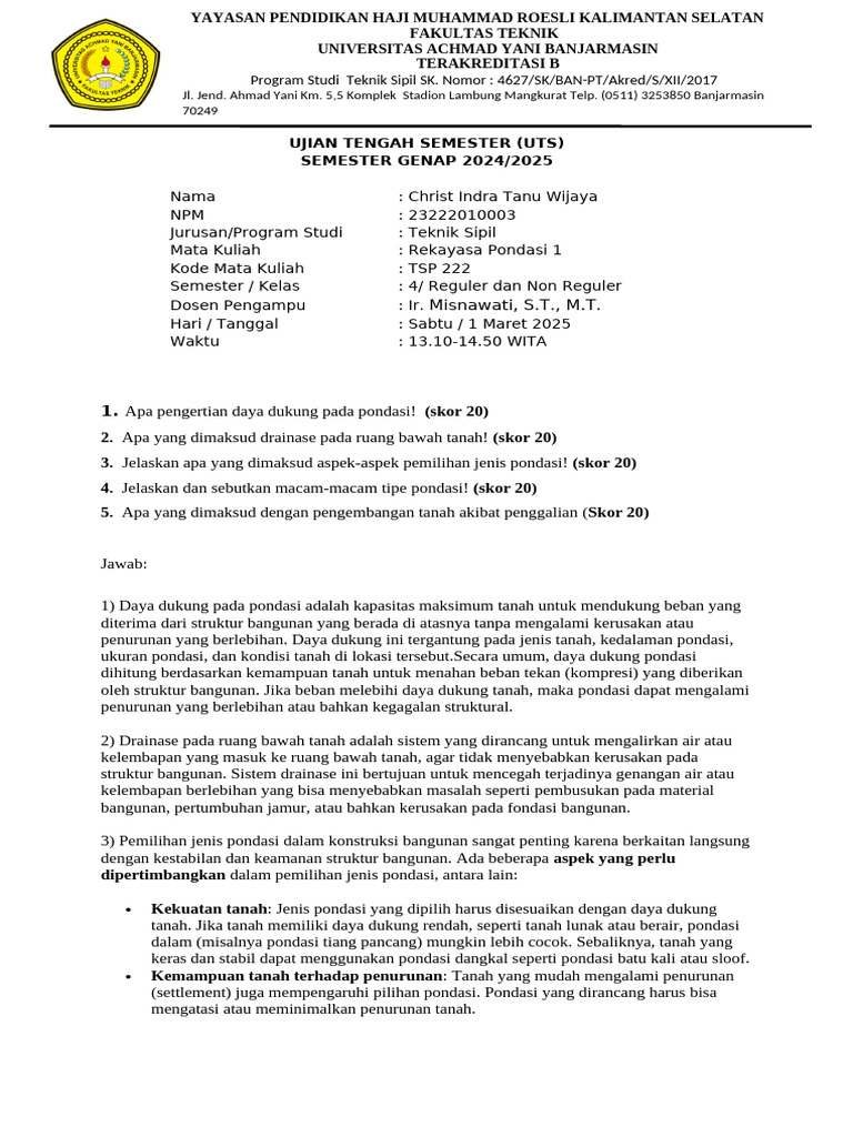 Jawaban UTS Rekayasa Pondasi 1 Christ Indra Tanu Wijaya | PDF