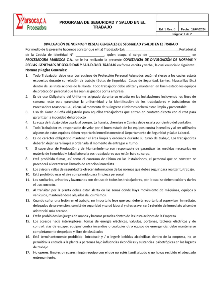 Divulgación de Normas y Reglas de Seguridad y Salud en El Trabajo | PDF ...