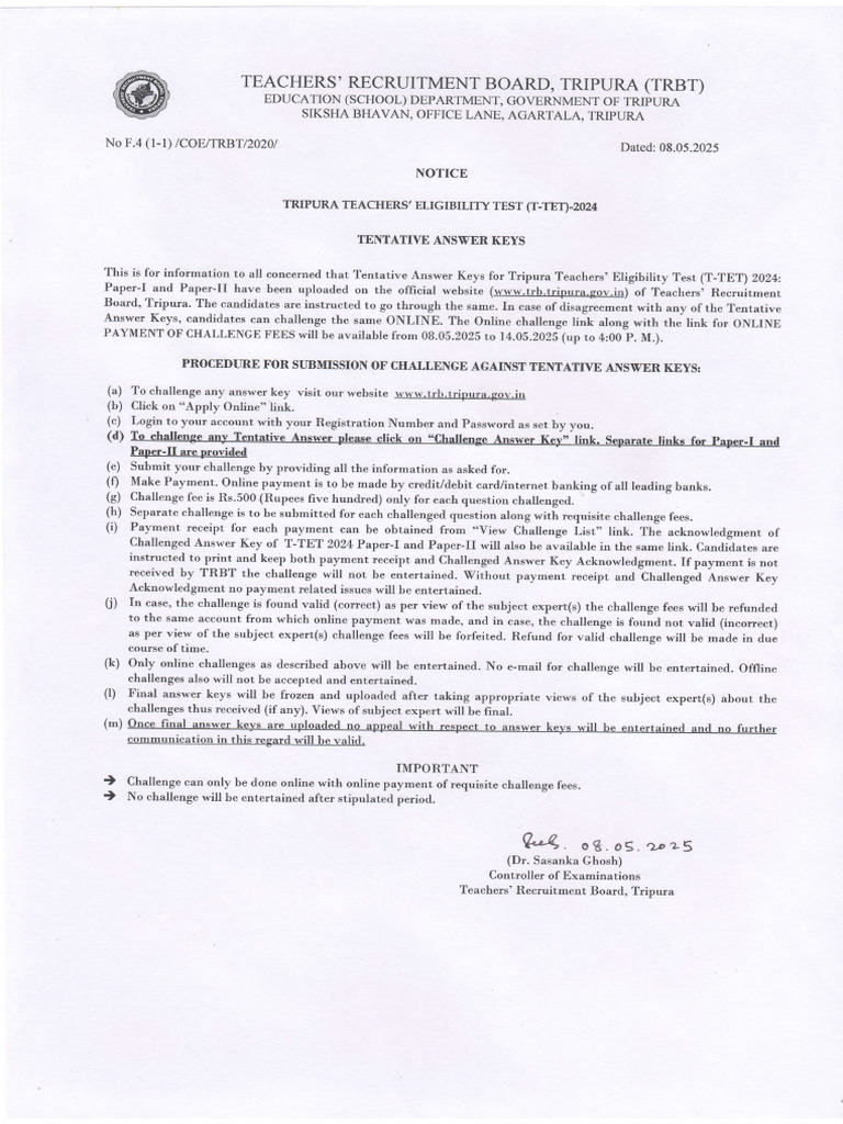 Notice For Tentative Answer Keys - T-Tet 2024 | PDF | Payments