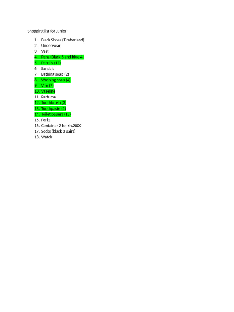 Shopping List For Junior | PDF