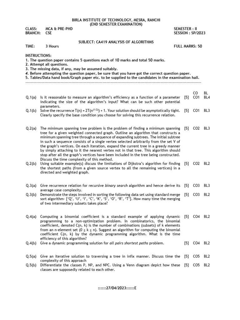 Analysis of Algorithms (End - SP23) | PDF | Dynamic Programming | Combinatorics