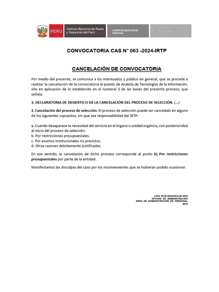 Convocatoria Cas Ndeg 063-2024-Irtp 2 | PDF