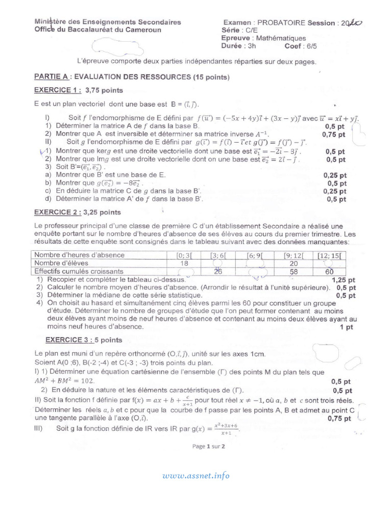 Probatoire C e Maths 2020 | PDF