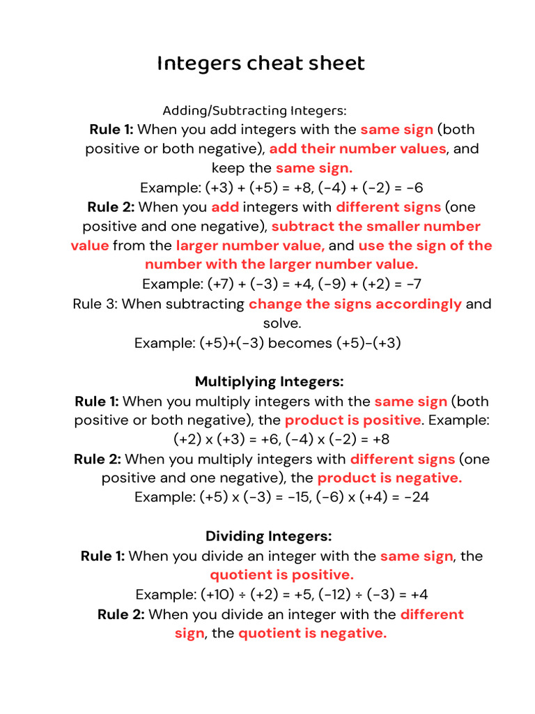 Integers Cheat Sheet: Rule 1 | PDF