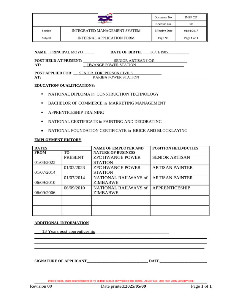 IMSF 027 Internal Application Form | PDF