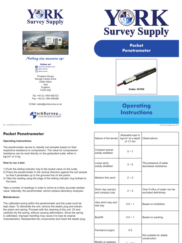Pocket Penetrometer 34100 Data Sheet | PDF | Materials | Earth Sciences