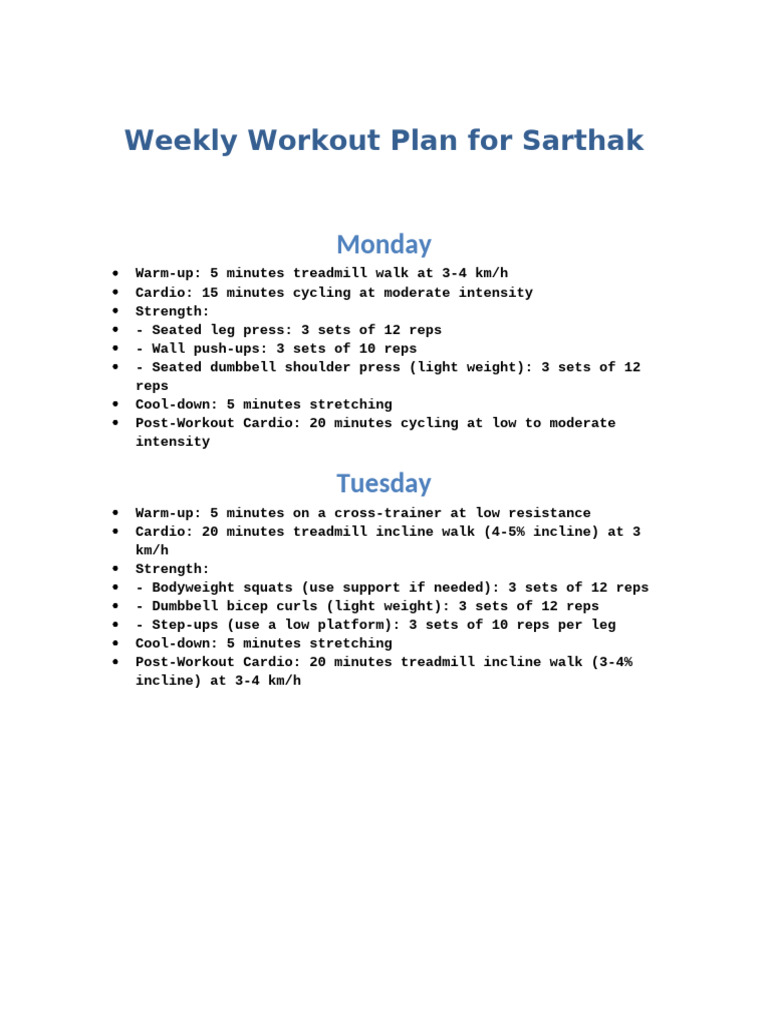 Updated Weekly Workout Plan For Sarthak | PDF | Aerobic Exercise | Management Of Obesity