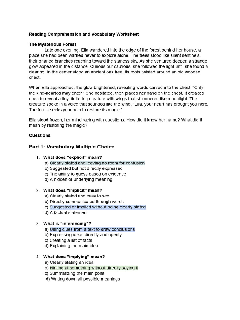 Implicit and Explicit Example Reading + Worksheet | PDF