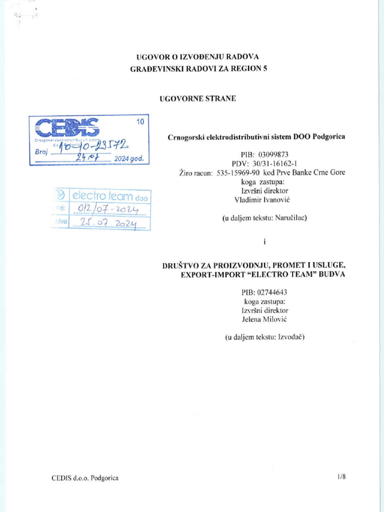 ELECTRO TEAM DOO Ugovor o Izvođenju Radova Br. 10 10 23572 Od 24.07. ...