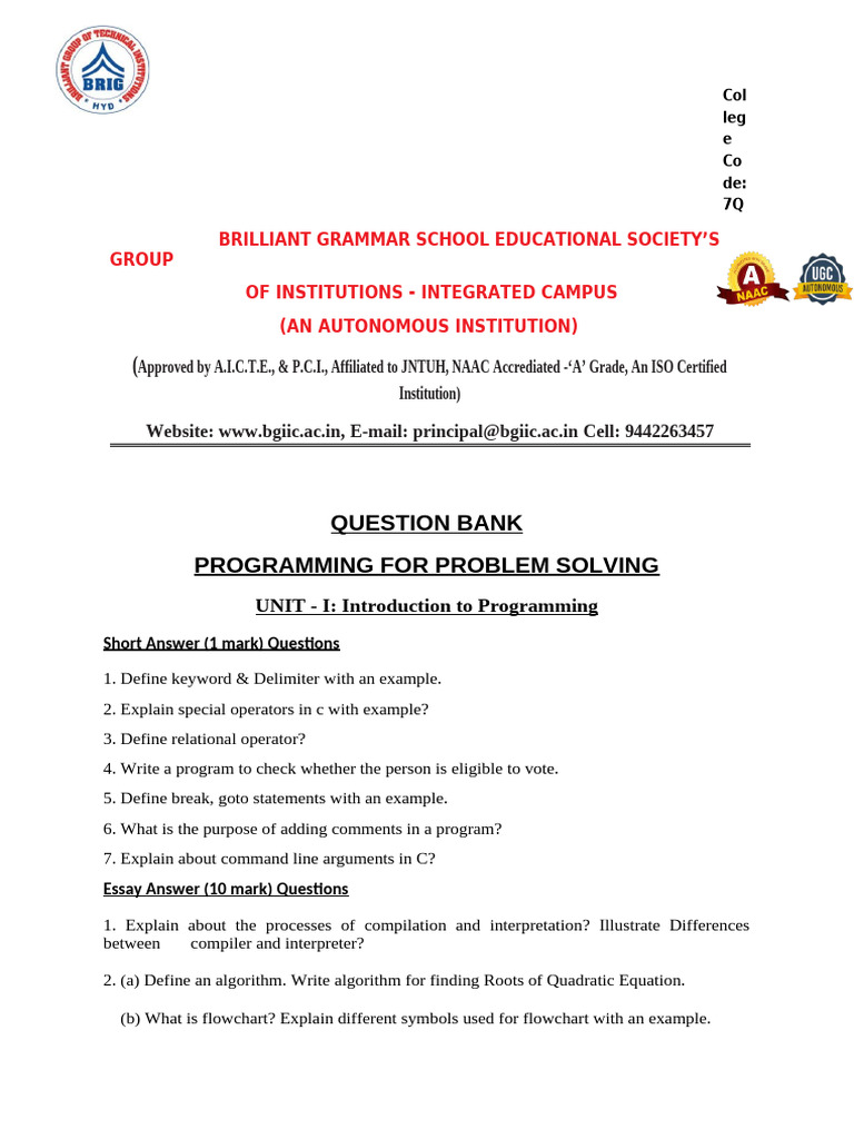 PPS QUESTION BANK(CSE & EMERGING BRANCHES) | PDF | Computing | Mathematics