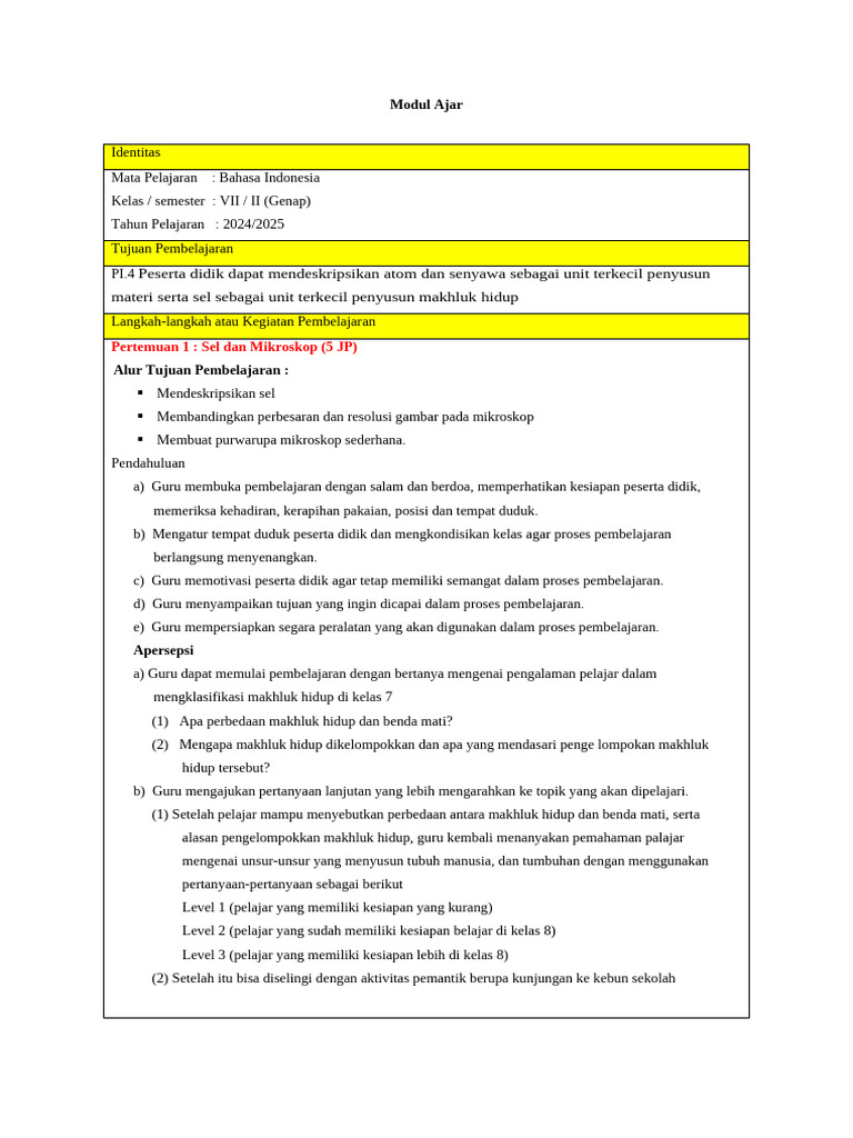 Modul Ajar Bab 1 Pengenalan Sel | PDF