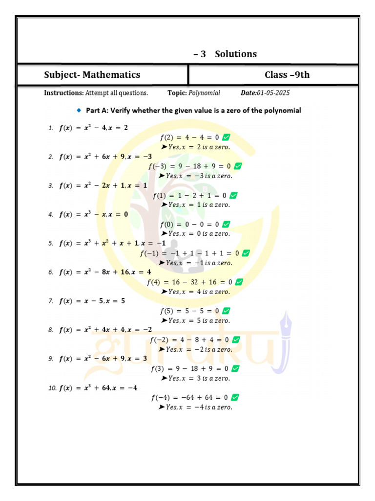 Class 9 Polynomial Solutions Guide | PDF | Mathematics | Abstract Algebra