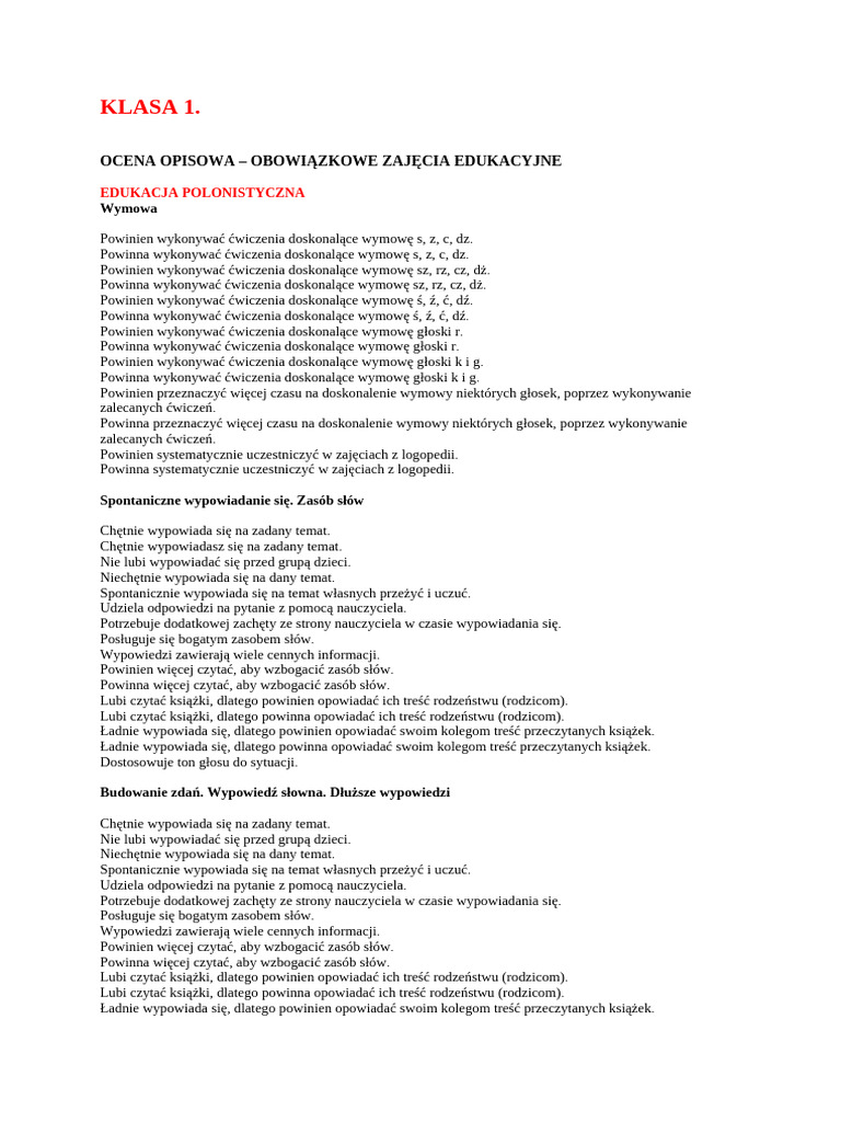 Ocena Opisowa KL 1 Przykłady Z Podziałem Na Edukacje | PDF
