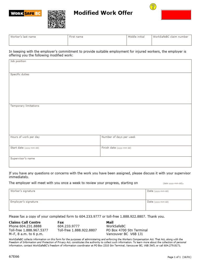 Worksafe Modified Work Offer | PDF | Employment | Labor
