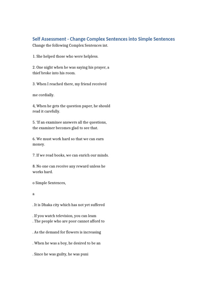 Self Assessment Simple Sentences | PDF