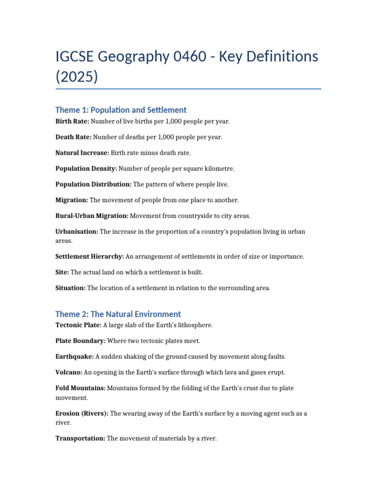 IGCSE Geography 0460 Key Definitions 2025 | PDF | Agriculture | Plate ...