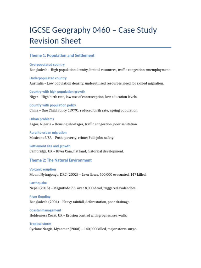 IGCSE_Geography_Case_Study_Revision_Sheet | PDF