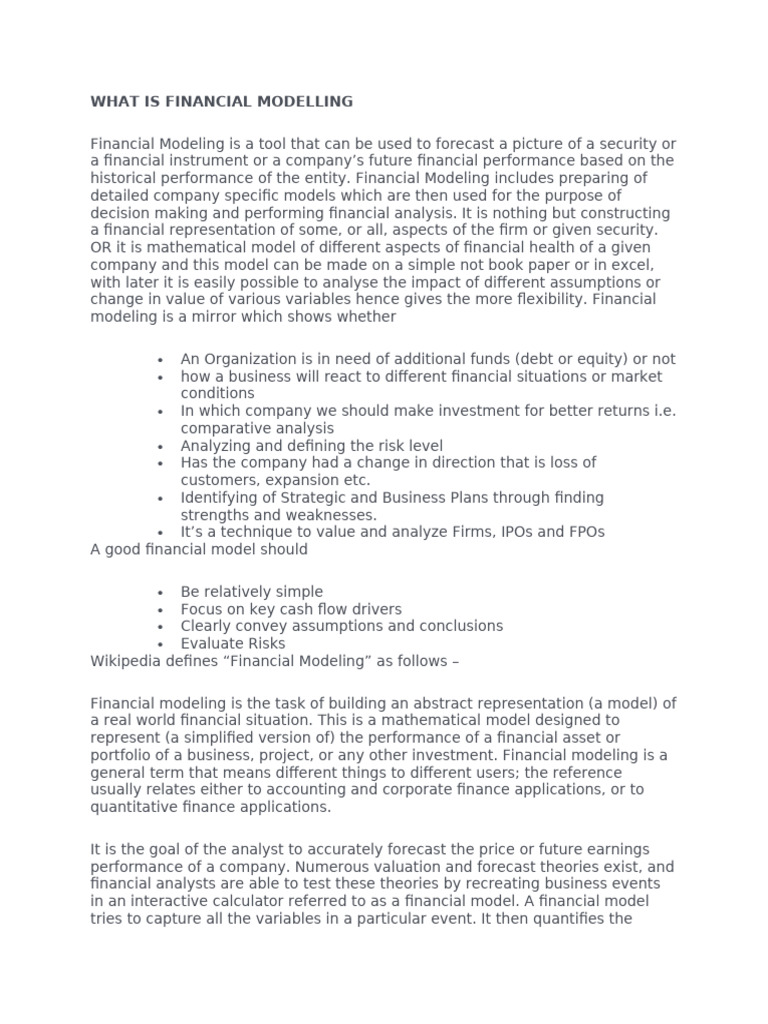 WHAT_IS_FINANCIAL_MODELLING_introduction[1] | PDF | Financial Modeling ...