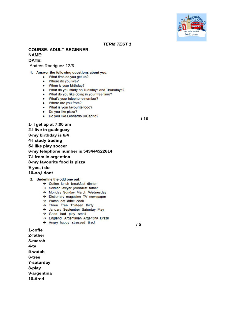 Adult Beginner Term Test Results | PDF