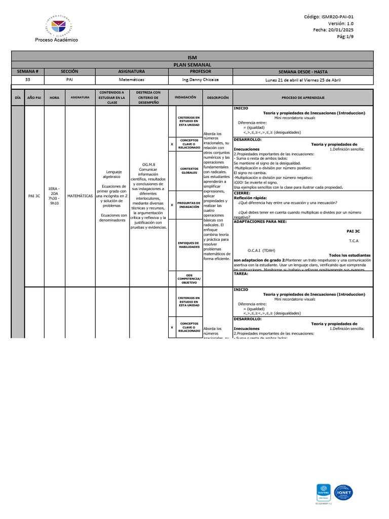 Plan Semanal APROBADO | PDF | Desigualdad (Matemáticas) | Ecuaciones