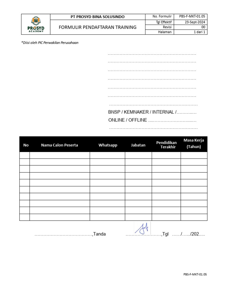 Formulir Training - PROSYD ACADEMY-1-2 | PDF