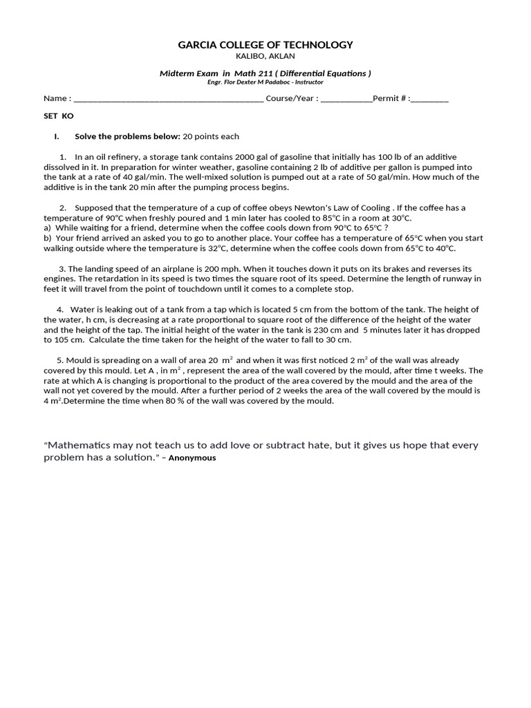 Midterm Exam in Math 211 Differential Equations 1 | PDF