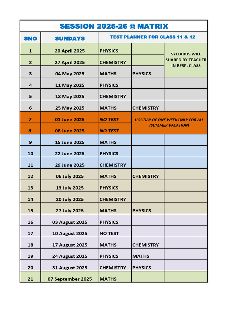 Test Schedule 2025-26 | PDF