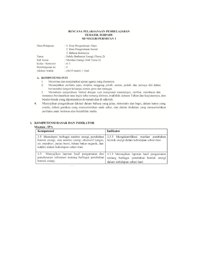 Contoh RPP Pembelajaran Terpadu Kls 4 | PDF