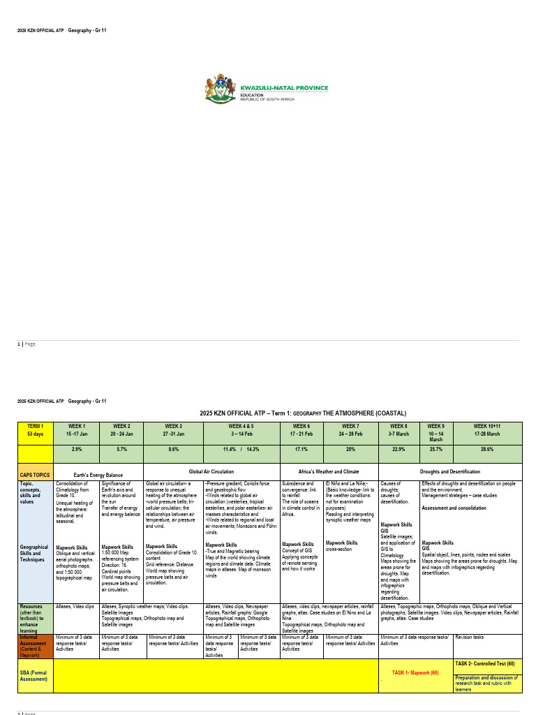 Grade 11 Official KZN ATP 2025 Geography | PDF | Geographic Information ...