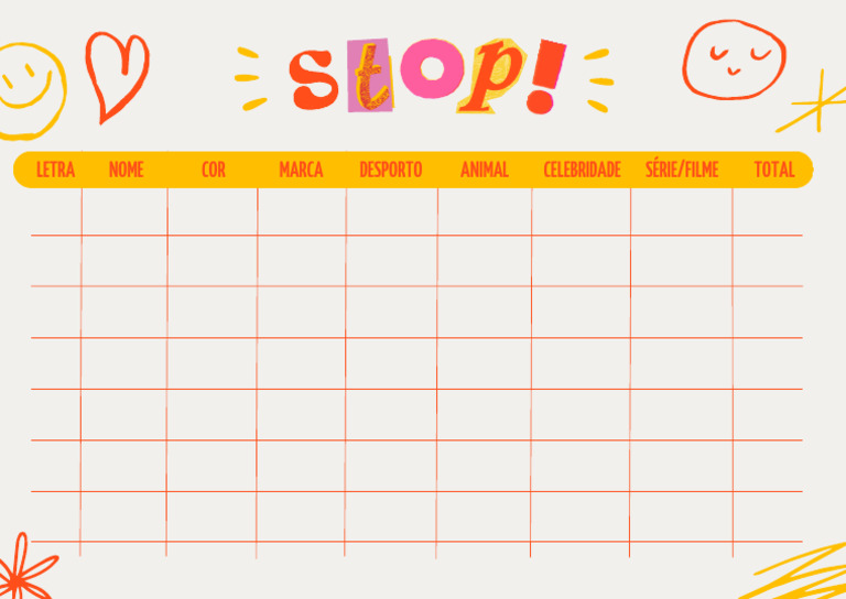 Folha de Atividades A4 Brincadeira Stop Adedonha Moderno Amarelo | PDF