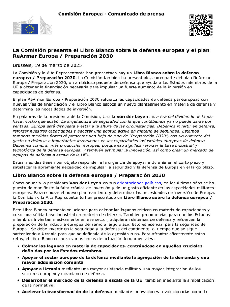 La Comisi N Presenta El Libro Blanco Sobre La Defensa Europea y El Plan ReArmar Europa Preparaci ...