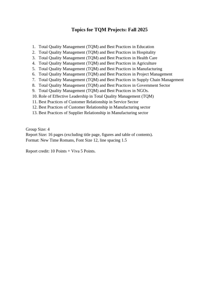 TQM Project Topics for Fall 2025 | PDF
