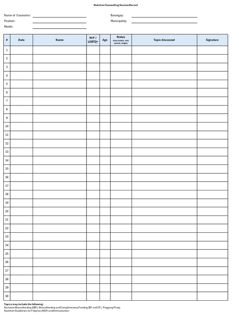Nutrition Counselling Session Record | PDF