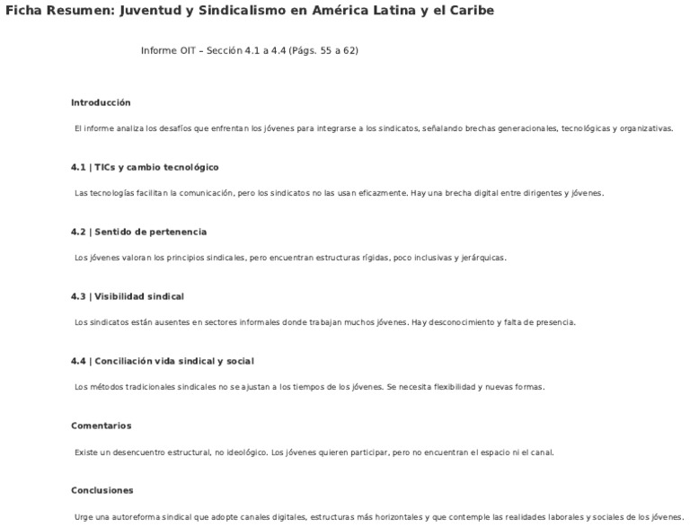 Ficha Resumen Juventud Sindicalismo OIT | PDF