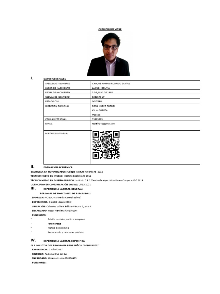 Curriculum Rodrigo Santos Choque Mamani[1] | PDF | Enseñando | Universidad