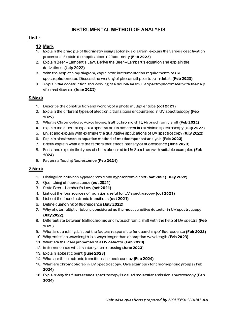 Unit 1 Instrumental Analysis Questions | PDF | High Performance Liquid ...
