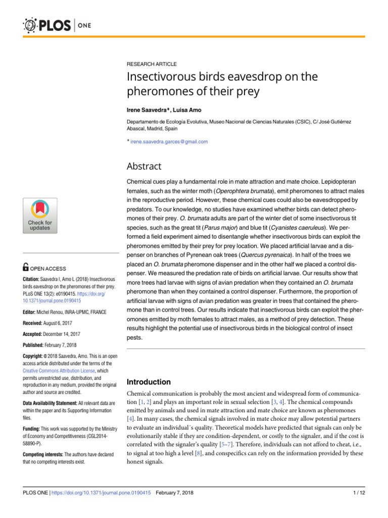 2017 - I. Saavedra & L. Amo - PlosOne - Insectivorous Birds Eavesdrop On The Pheromones of Their ...