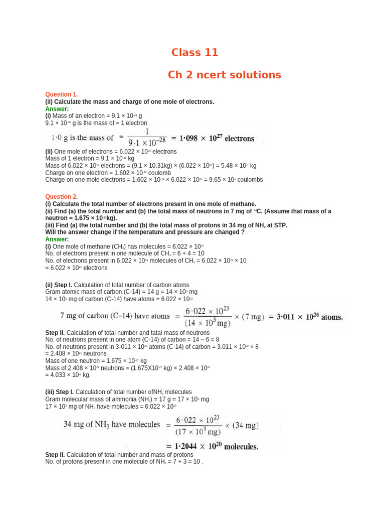 Class 11 Chemistry Chapter 2 Solutions | PDF | Ion | Atoms