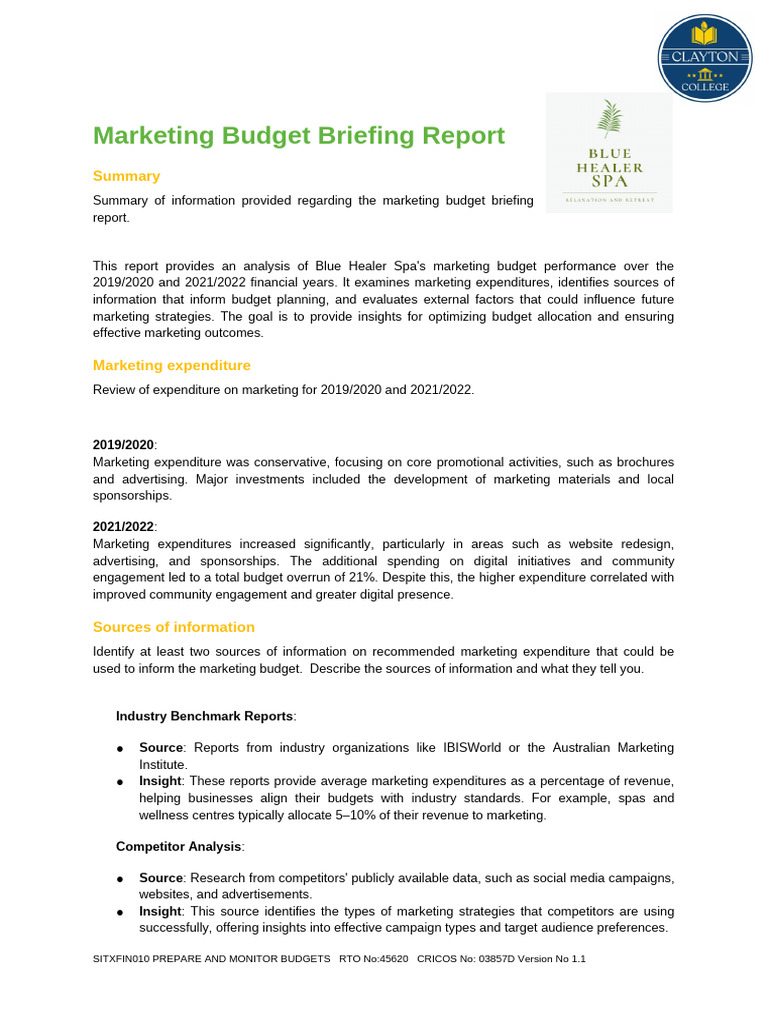 Gv Sitxfin010 Marketing Budget Briefing Report Template Pdf