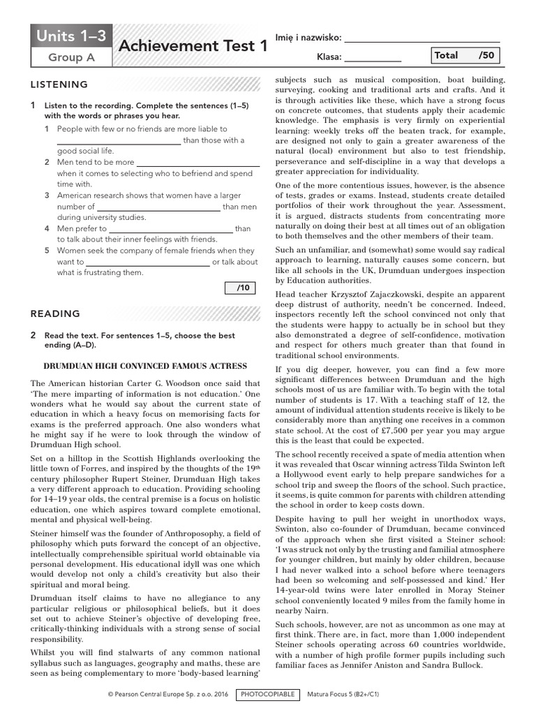 Achievement Test Units 1-3 Group A | PDF | Soybean | Rudolf Steiner