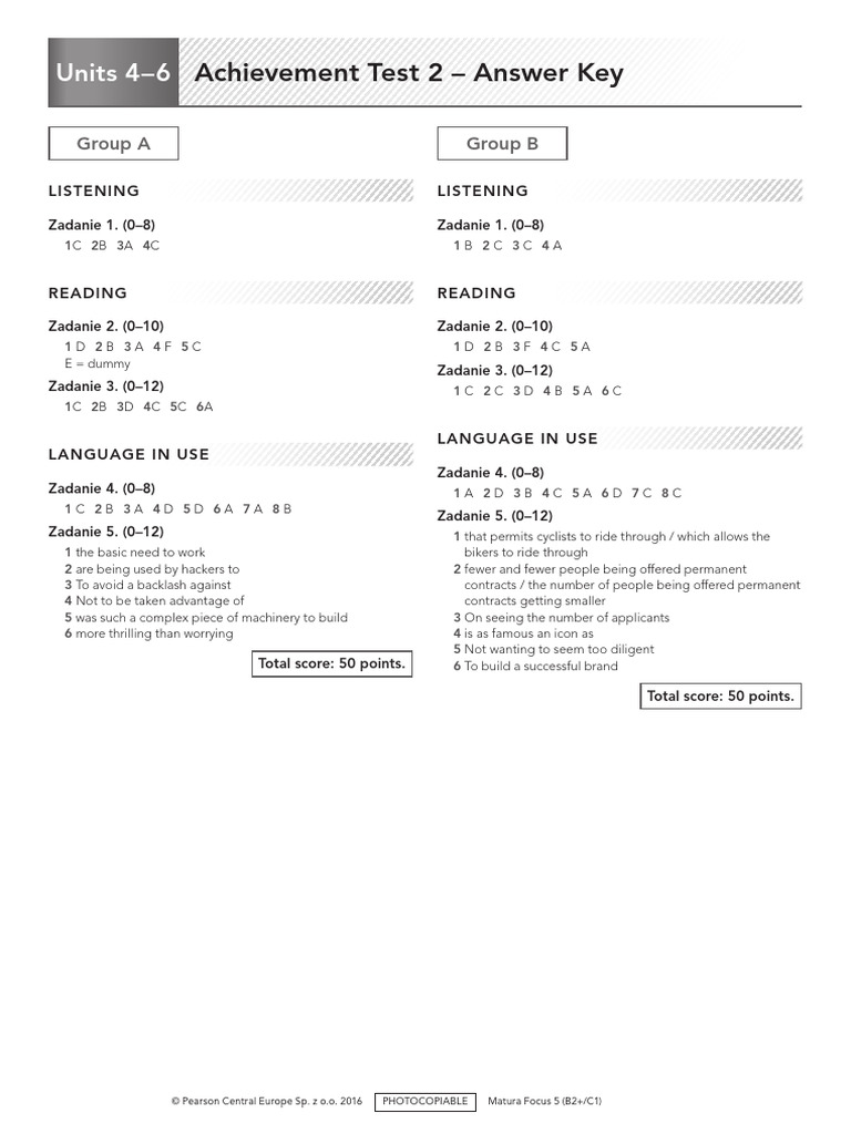 Achievement Test 2 Answer Key | PDF