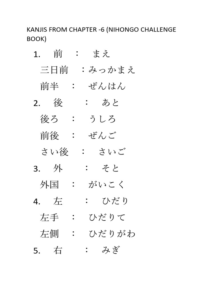 Kanjis From Lesson-6 (Nihongo Challenge Book) | PDF