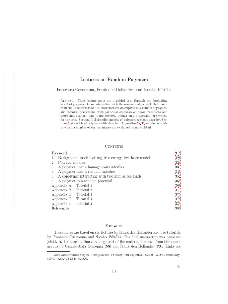 Lectures On Random Polymers | PDF | Polymers | Biopolymer